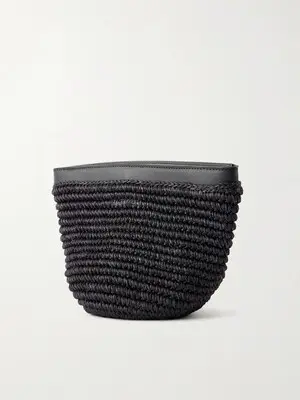 HUNTING SEASON Zip Leather-trimmed Raffia Clutch - Black