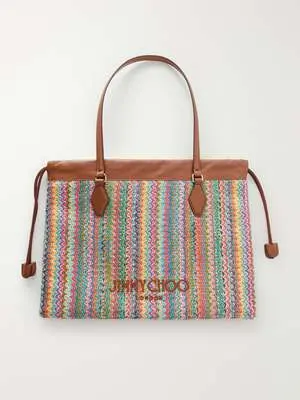 JIMMY CHOO Leather-trimmed Striped Raffia Tote Bag - Multi