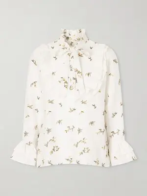 CRISTIANO MARCHELI Valeria Embroidered Linen Ruffle Blouse - White