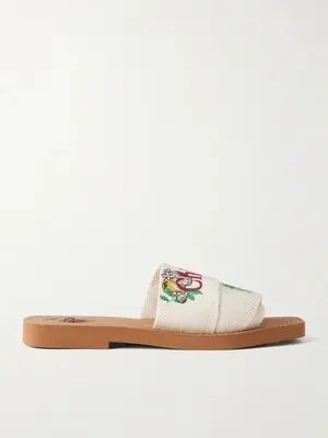 Chloé Embroidered Raffia And Leather Slides - Neutrals