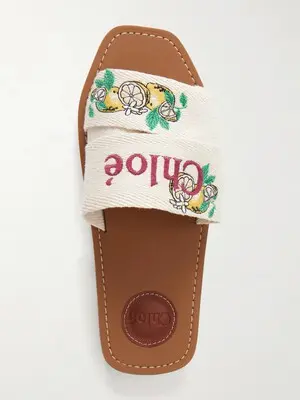 Chloé Embroidered Raffia And Leather Slides - Neutrals