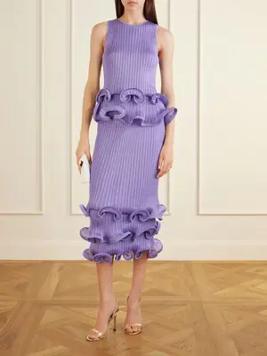 Carolina Herrera Tiered Ruffled Ribbed-knit Midi Skirt