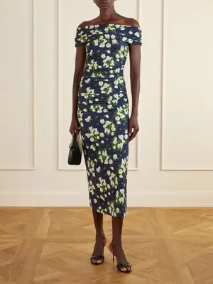 Carolina Herrera Off-shoulder Floral Print Gathered Satin Midi Dress