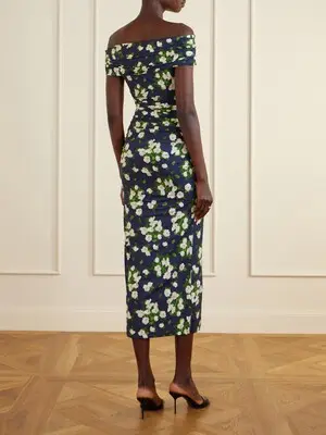 Carolina Herrera Off-shoulder Floral Print Gathered Satin Midi Dress