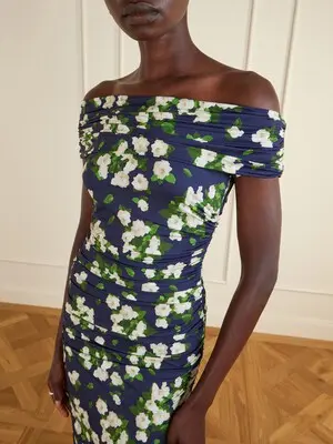 Carolina Herrera Off-shoulder Floral Print Gathered Satin Midi Dress