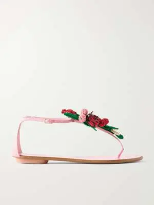 AQUAZZURA Aquazzura Botanica Embellished Leather And Raffia Thong Sandals Pastel Pink