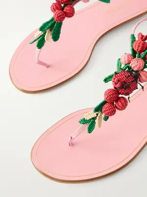 AQUAZZURA Botanica Embellished Leather And Raffia Thong Sandals - Pink