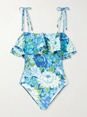 ALEMAIS Margo Ruffled Floral-print One-piece Swimsuit - Blue