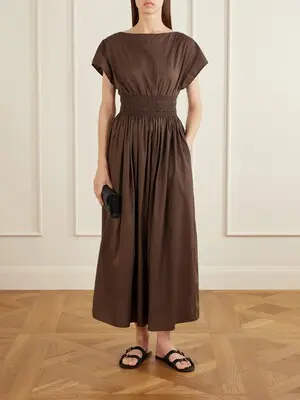 Matteau Shirred Organic Cotton-poplin Maxi Dress - Brown