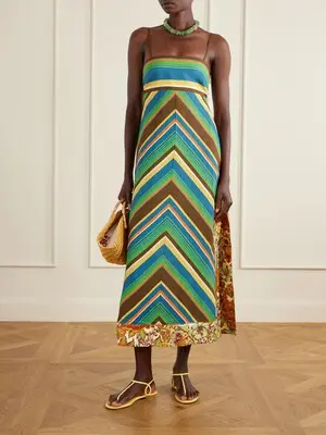 ALEMAIS Charlie Striped Linen Midi Dress With Floral Print Hem - Multi