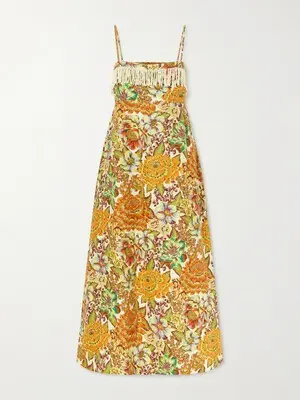 ALEMAIS Lana Fringed Floral-print Linen Midi Dress - Yellow
