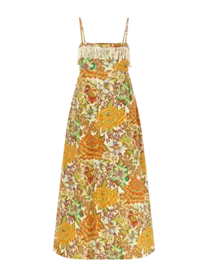 ALEMAIS Lana Fringed Floral-print Linen Midi Dress - Yellow