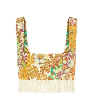 ALEMAIS Floral-print Linen Cropped Top With Fringe Detail - Multi