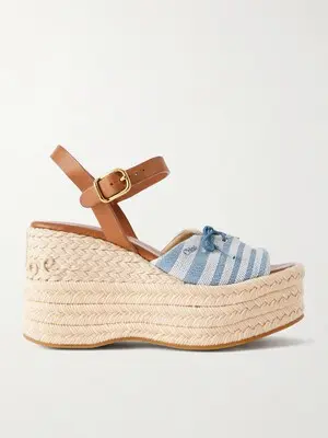 Chloé Striped Canvas Platform Sandals With Leather Trim - Blue