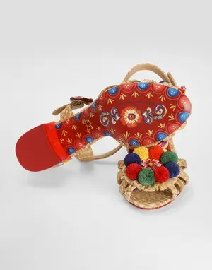 Dolce & Gabbana Raffia Sandals With Embroidery And Pom-poms