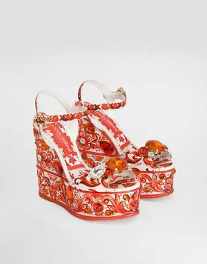 Dolce & Gabbana Majolica-print Brocade Embellished Wedge Sandals