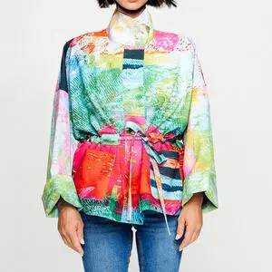 MAXJENNY Maxjenny! Printed Boxy Jacket With Stand Collar And Belt Green/red