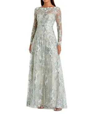 Mac Duggal Floral Embroidered Illusion Long Sleeve Gown