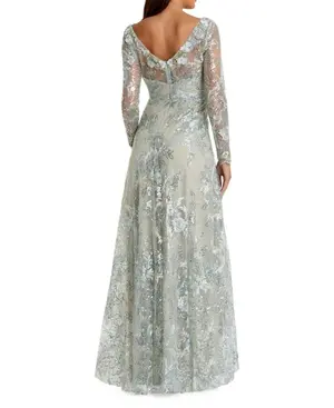 Mac Duggal Floral Embroidered Illusion Long Sleeve Gown
