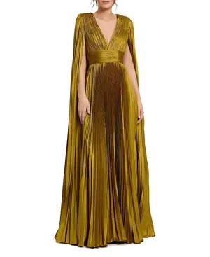 Mac Duggal Pleated Charmeuse Gown With Cape Sleeves - Chartreuse