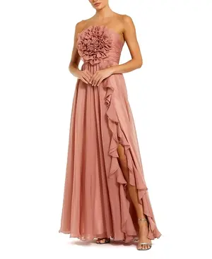Mac Duggal Strapless Chiffon Gown With Oversized 3d Flower Applique