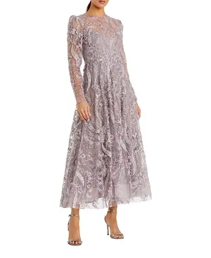 Mac Duggal Floral Embroidered High Neck Long Sleeve Dress - Mauve