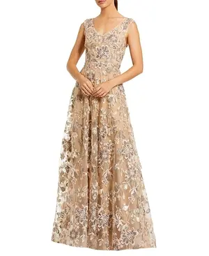 Mac Duggal Sleeveless V-neck Gown With Floral Embroidery