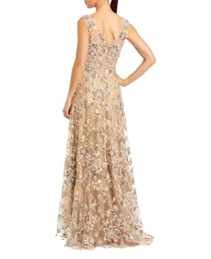 Mac Duggal Sleeveless V-neck Gown With Floral Embroidery