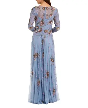 Mac Duggal Long Sleeve Embellished Floral A-line Gown