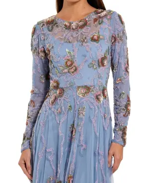 Mac Duggal Long Sleeve Embellished Floral A-line Gown