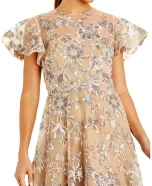 Mac Duggal Embroidered Floral Mesh A-line Midi Dress