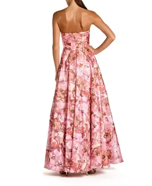 Mac Duggal Strapless Floral Printed A-line Gown With 3d Flower Embellishment
