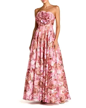 Mac Duggal Strapless Floral Printed A-line Gown With 3d Flower Embellishment - Rose Multi