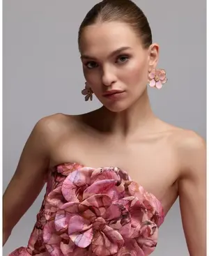 Mac Duggal Strapless Floral Printed A-line Gown With 3d Flower Embellishment