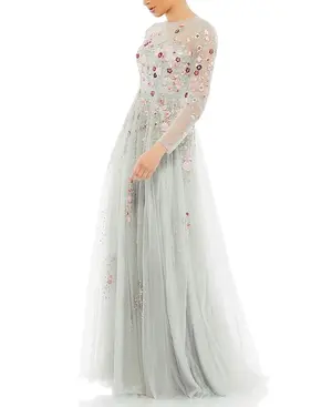 Mac Duggal Embroidered Illusion High Neck Long Sleeve A-line Gown
