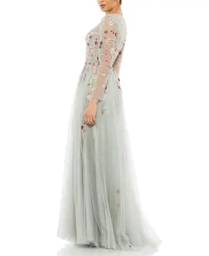 Mac Duggal Embroidered Illusion High Neck Long Sleeve A-line Gown