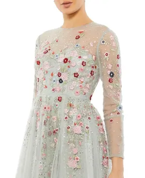 Mac Duggal Embroidered Illusion High Neck Long Sleeve A-line Gown