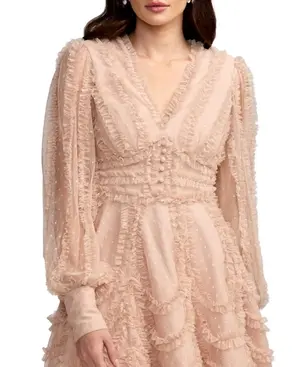 Mac Duggal Ruffled V-neck Long Sleeve Mini Dress