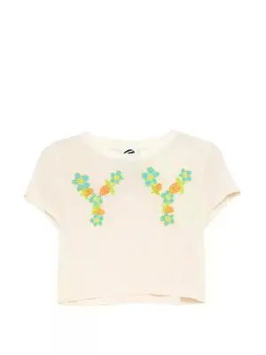 YANYAN Ecru Floral Embroidery Crew Neck Short Sleeve T-shirt