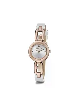 Furla Arco Chain 28mm Watch With Mother Of Pearl Dial And White Leather Strap - Silver