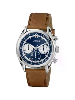 Guess Dawson 44mm Multi-function Watch With Brown Leather Strap