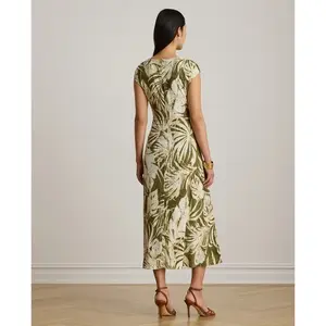 Ralph Lauren Palm Frond Print Jersey Cowl Neck Midi Dress - Olive Multi