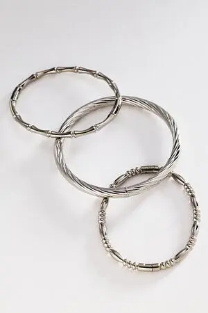 Anthropologie Textured Metal Bracelets Set Of 3 - Silver