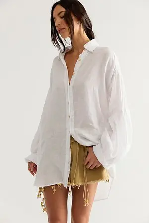 Free People Selene Button Down Linen Shirt - Ivory