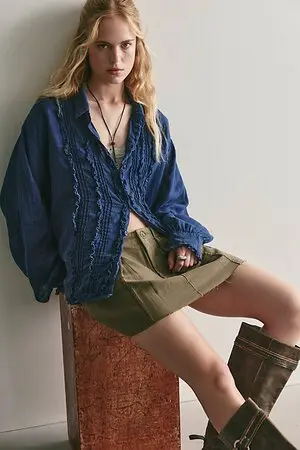 LLEA BLUE Linen Button-down Shirt With Ruffle Detailing - Deeper Iris