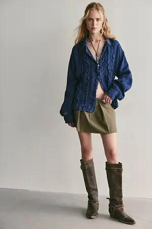 LLEA BLUE Linen Button-down Shirt With Ruffle Detailing - Deeper Iris