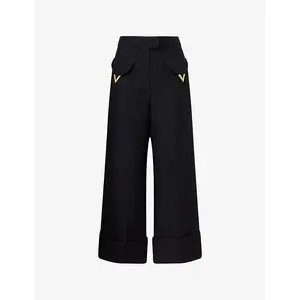 Valentino Garavani Wool-blend Wide-leg Trousers With Logo Plaque