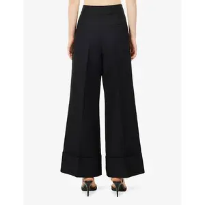 Valentino Garavani Wool-blend Wide-leg Trousers With Logo Plaque