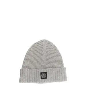 Stone Island Compass Patch Ribbed Knit Beanie - Gray