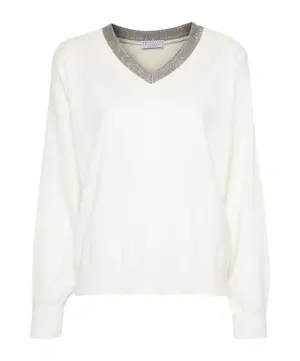 Brunello Cucinelli Long Sleeve V-neck Sweater With Monili Chain Detail